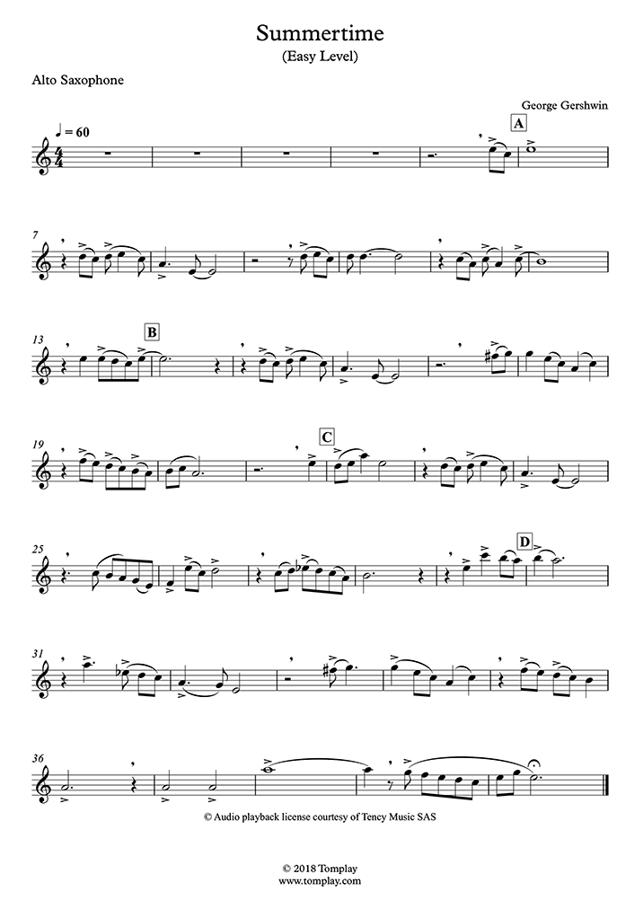 Summertime (Easy Level, alto sax, Fitzgerald) (Gershwin) - Saxophone ...
