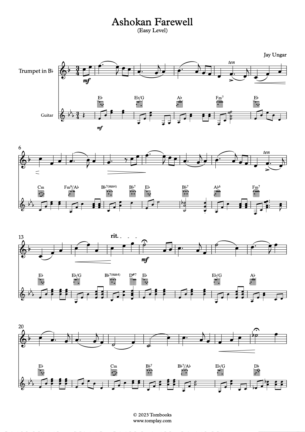 Ashokan Farewell Easy Level Jay Ungar Trumpet Sheet Music