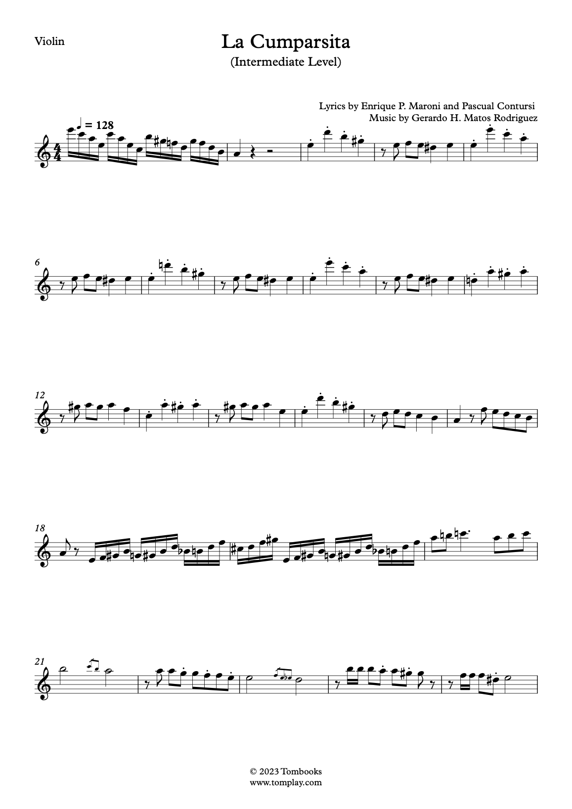 La Cumparsita Intermediate Level Matos Rodriguez Violin Sheet Music