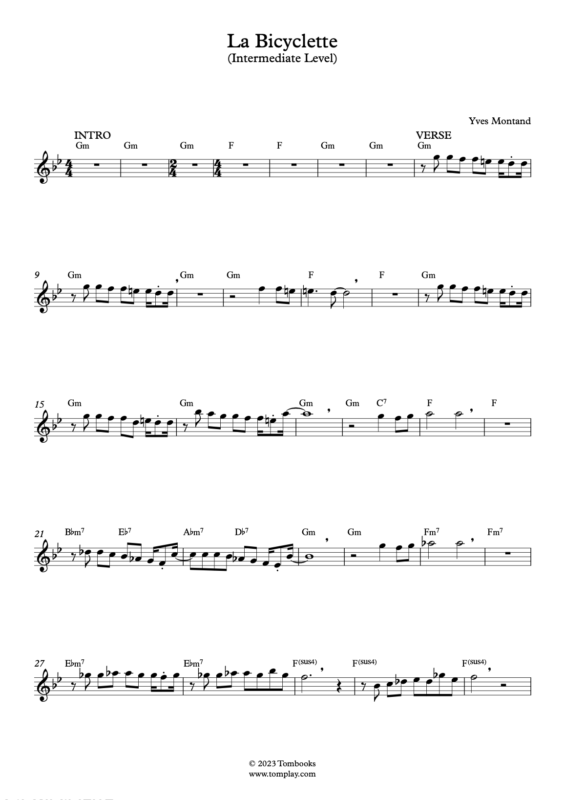 La Bicyclette Intermediate Level Yves Montand Flute Sheet Music