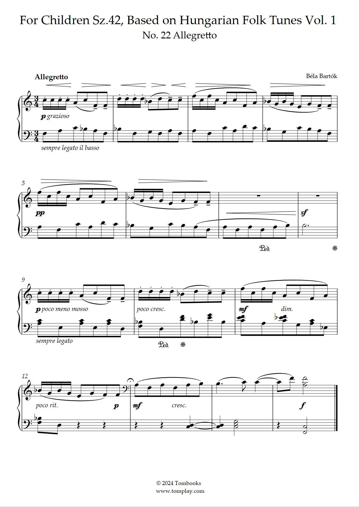 For Children Sz.42, Based on Hungarian Folk Tunes Vol. 1 - No. 22 Allegretto (Bartók) - Piano ...