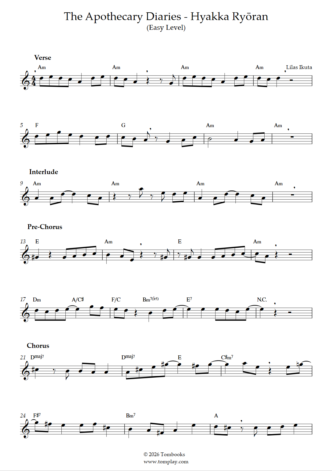 The Apothecary Diaries - Hyakka Ryōran (Easy Level, Alto Sax) (Lilas ...