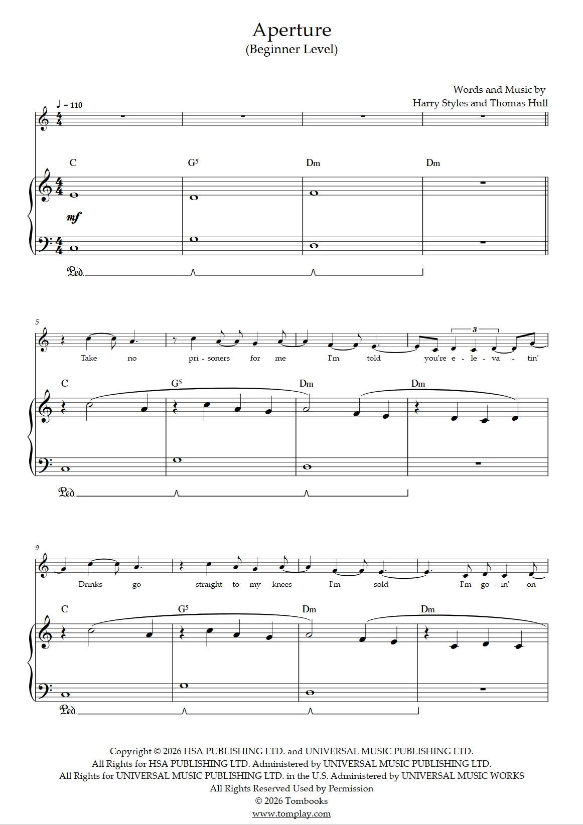 Aperture (Beginner Level, Solo Piano) (Harry Styles) - Piano Sheet Music