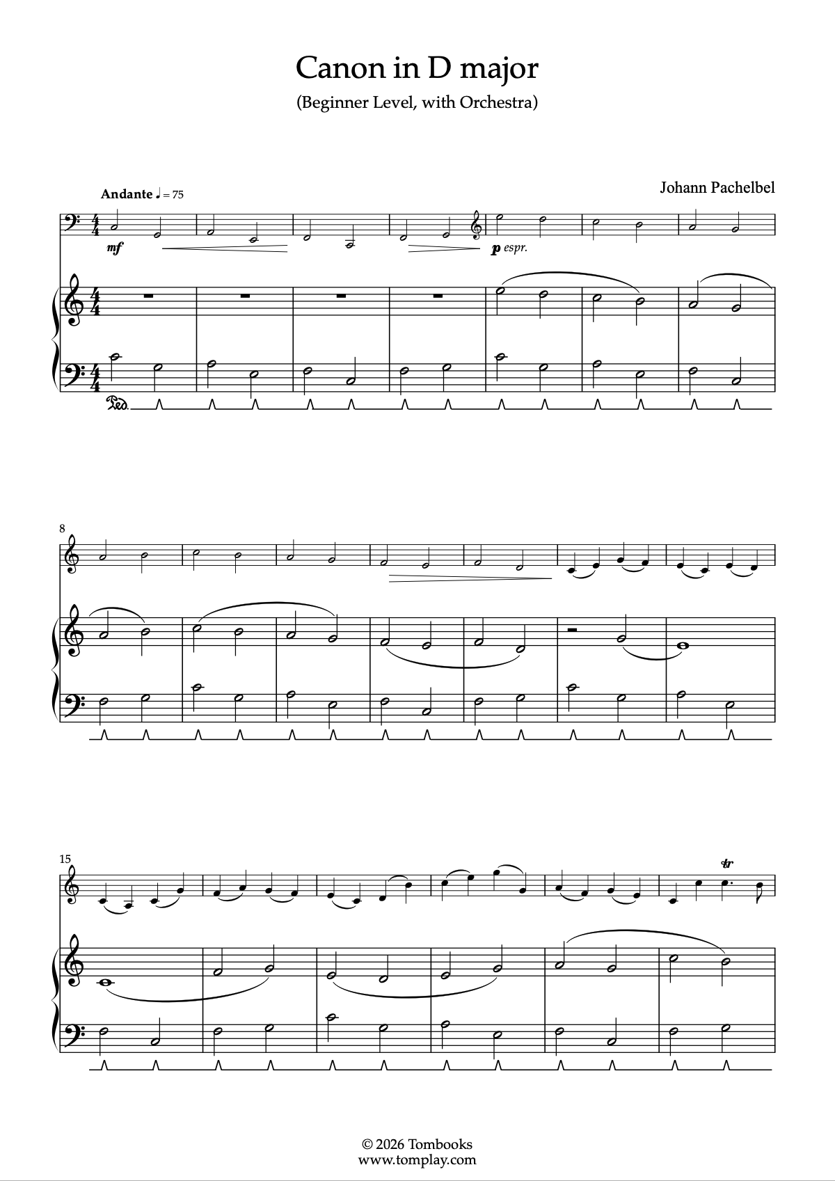 Canon in D major (Beginner Level, with Orchestra) (Pachelbel) - Piano ...